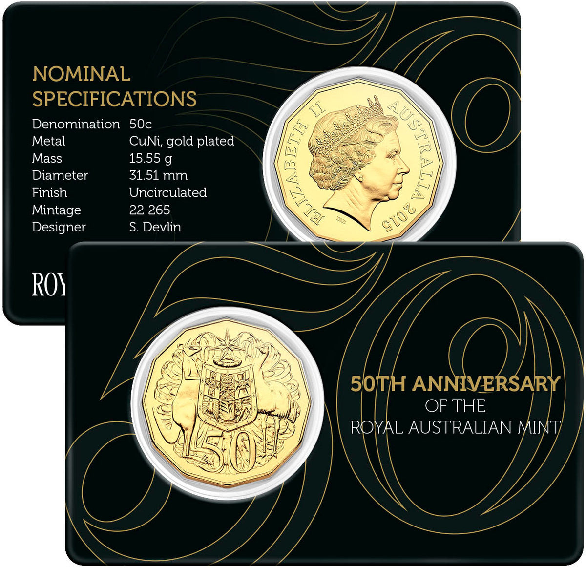 2015 50c 50th Anniversary of The Royal Australian Mint Gold Plated Unc ...