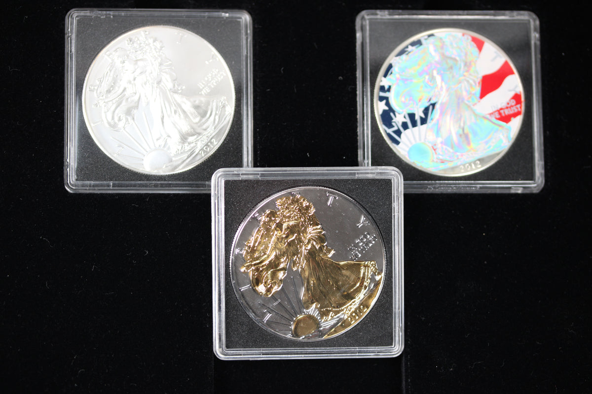 2012 USA Set of 3x 1oz Silver Eagle Coins (Standard, Gilded and Holo ...
