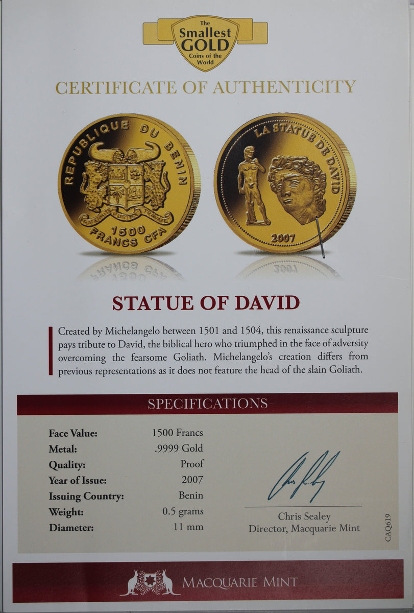 2007 Benin 1500 Francs The Statue of David 0.5 g Gold Coin – Thompsons ...
