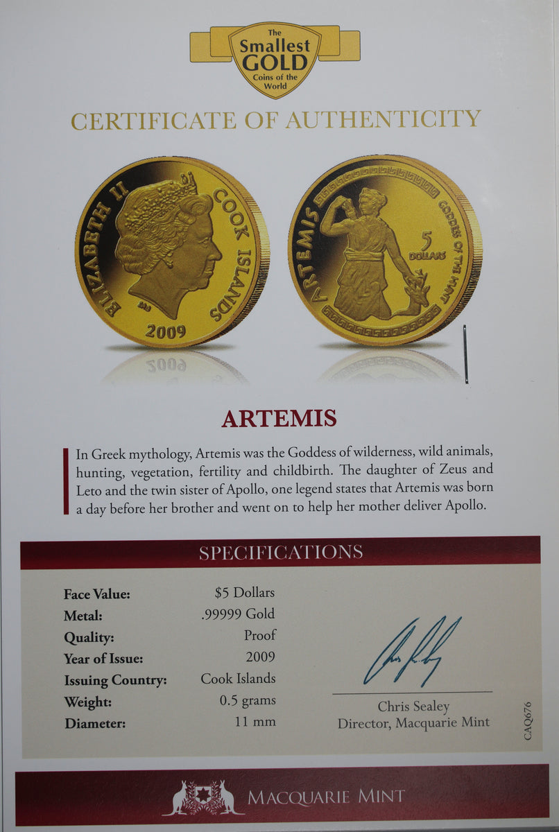 2009 Cook Islands Artemis 0.5g Gold Coin – Thompsons Coins