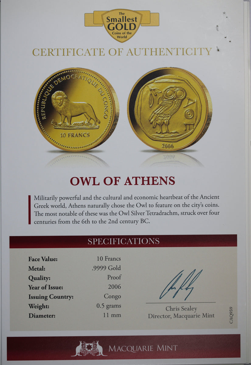 2006 10 Francs Owl of Athens 0.5g Gold Coin – Thompsons Coins