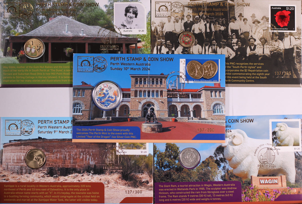 2024 Perth Stamp and Coin Show PNC Set of 5 (Includes 1/2oz Dragon PNC ...
