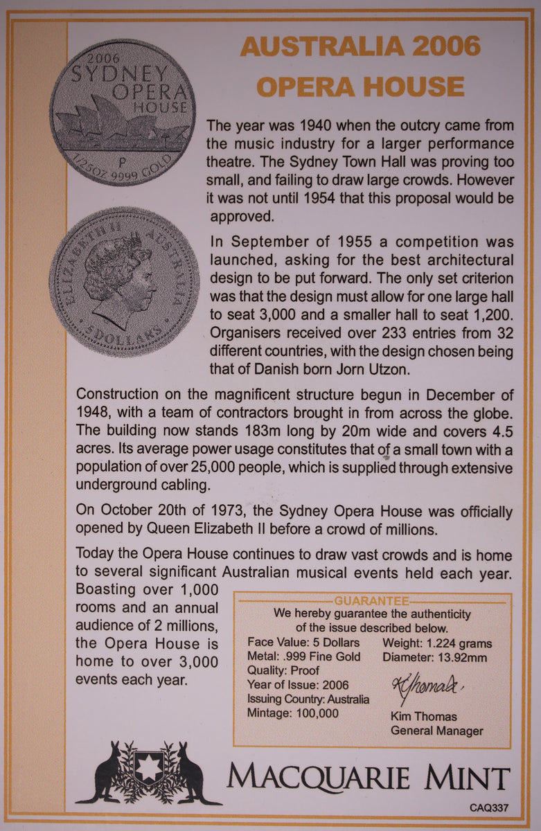 2006 Sydney Opera House 1/25oz Gold Proof Coin – Thompsons Coins