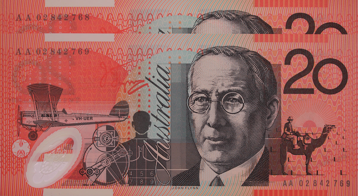 2002 $20 First Prefix Macfarlane/Henry Banknotes Consecutive Pair UNC ...