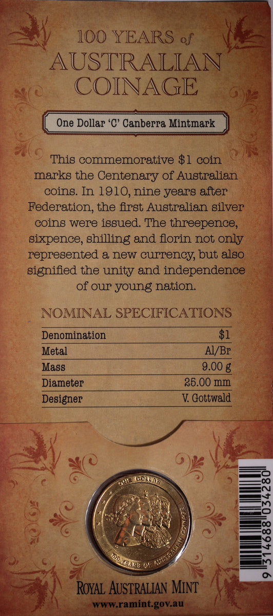 2010 $1 100 Years of Australian Coinage - 'C' Mintmark – Thompsons Coins