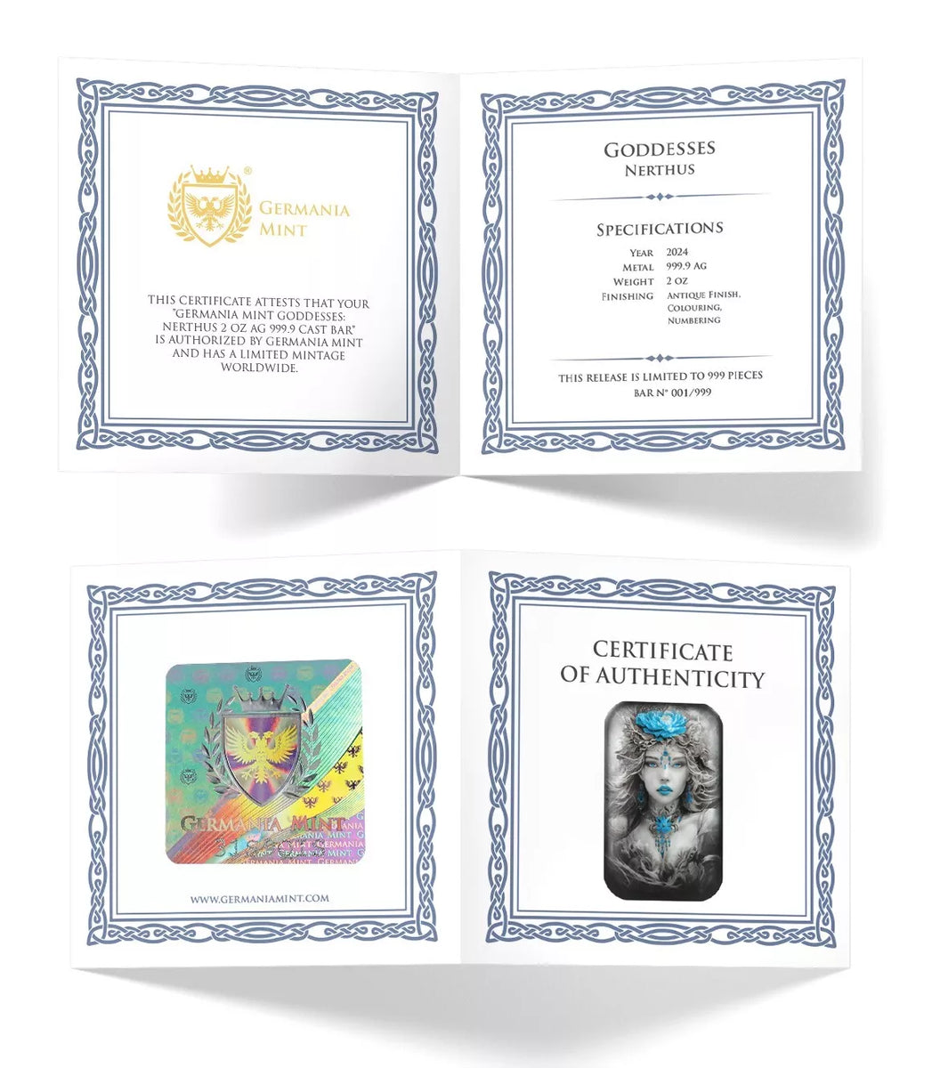 Germania Mint Goddesses: Nerthus 2 oz Ag 999.9 Cast Bar – Thompsons Coins