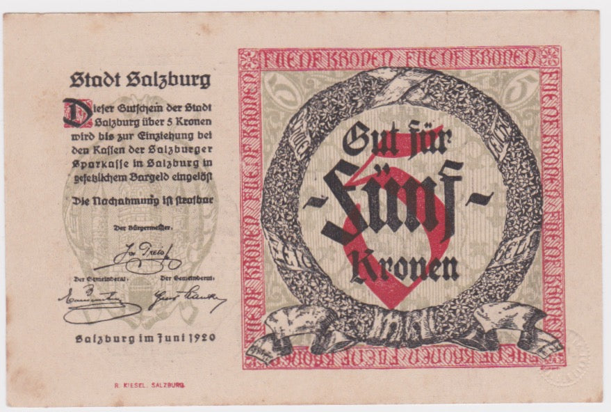 1920 Austria Salzburg 5 Kronen gEF – Thompsons Coins