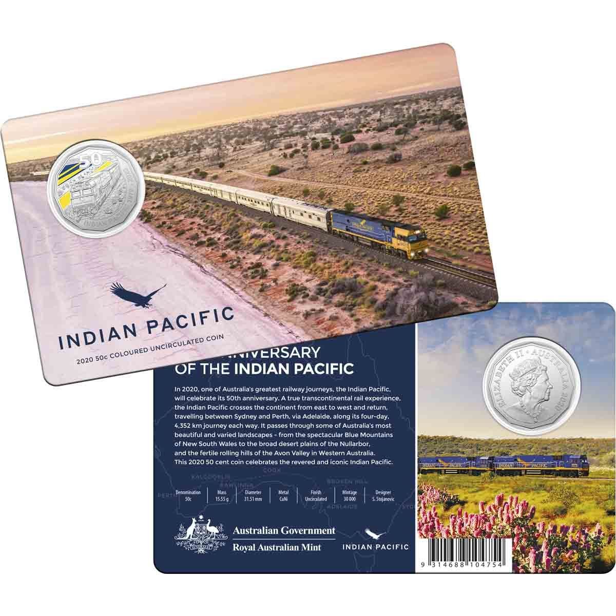 2020 50th Anniversary of the Indian Pacific 50c CuNi Coloured Uncircul ...